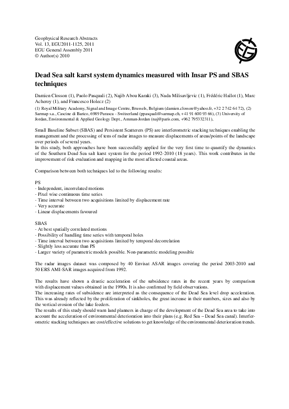 (PDF) Dead Sea salt karst system dynamics measured with Insar PS and ...
