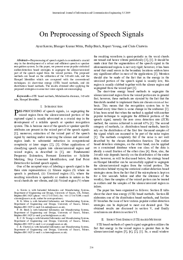 (PDF) On preprocessing of speech signals
