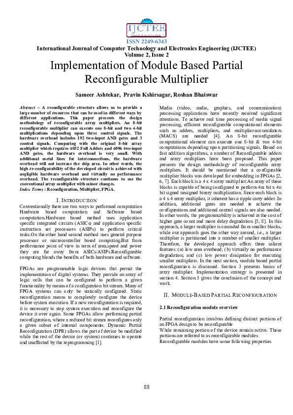 (PDF) Implementation of Module Based Partial Reconfigurable Multiplier