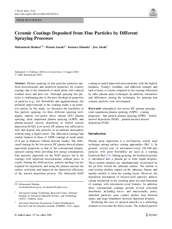 (PDF) Ceramic Coatings Deposited from Fine Particles by Different Spraying Processes | Kentaro ...
