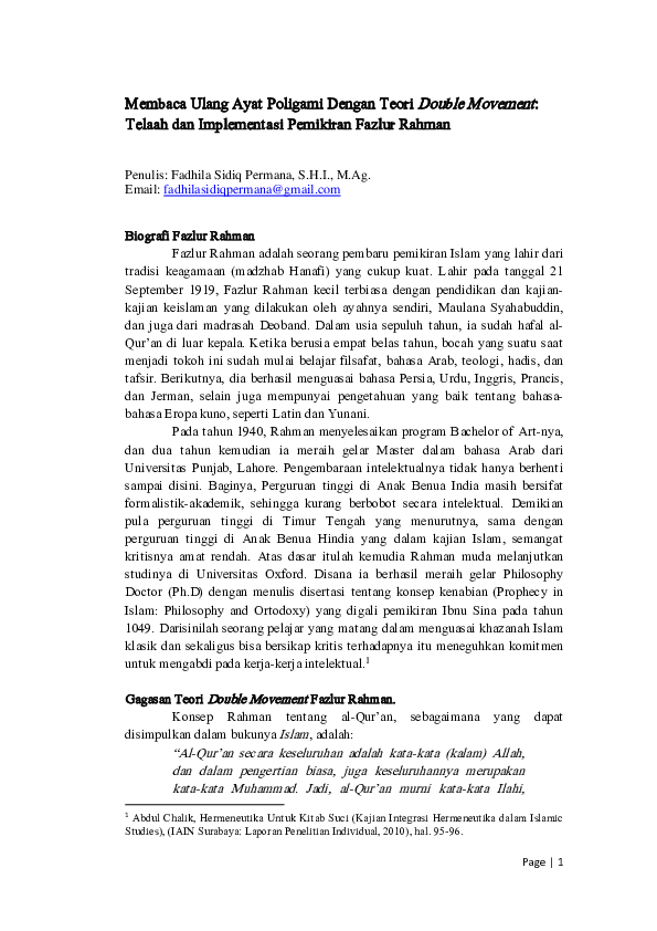 (PDF) Membaca Ulang Ayat Poligami Dengan Teori Double Movement: Telaah dan Implementasi ...