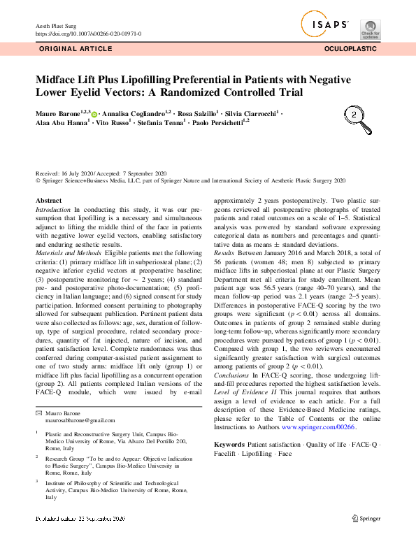 (PDF) Midface Lift Plus Lipofilling Preferential in Patients with ...