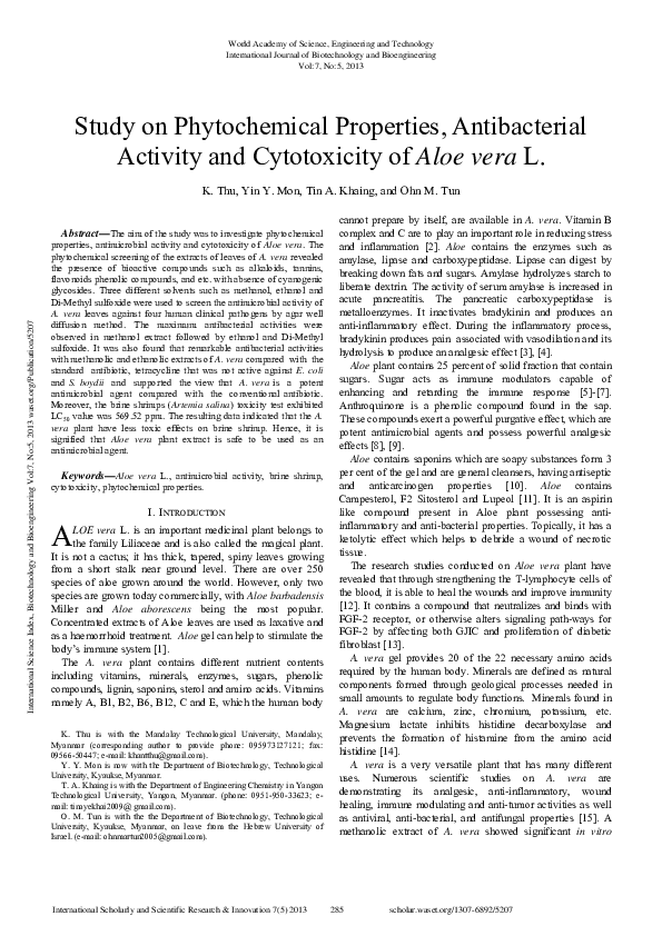 (PDF) Study On Phytochemical Properties, Antibacterial Activity And Cytotoxicity Of Aloe Vera L
