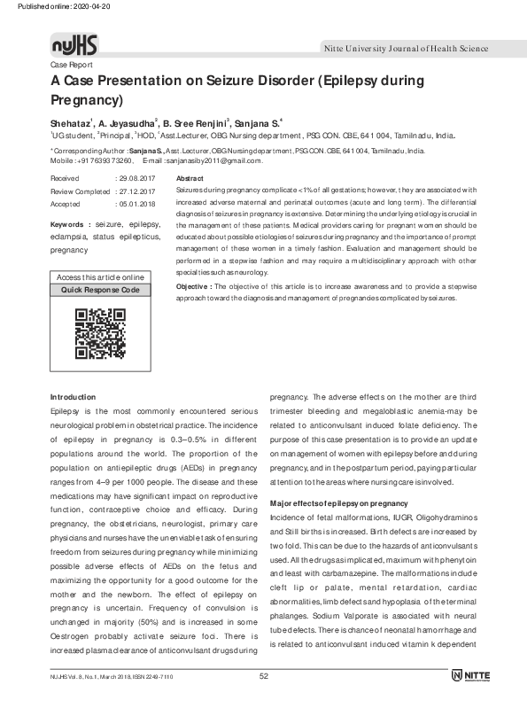 (PDF) A Case Presentation on Seizure Disorder (Epilepsy during ...