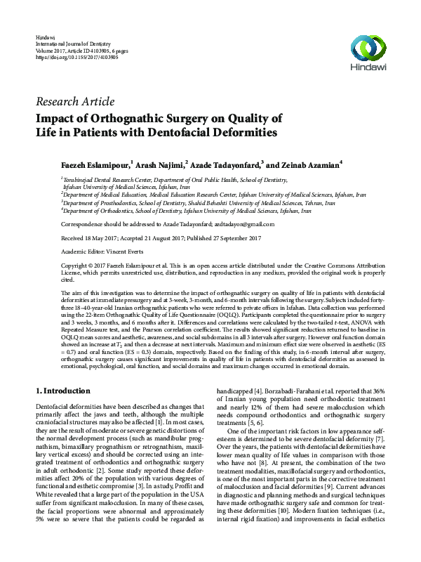 (PDF) Impact of Orthognathic Surgery on Quality of Life in Patients ...