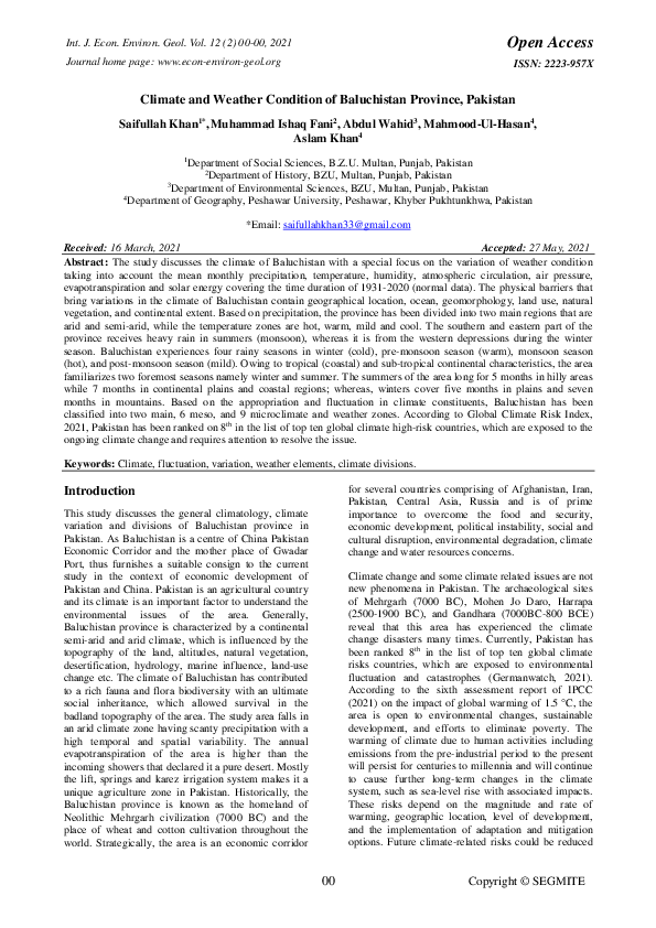(PDF) Climate and Weather Condition of Baluchistan Province, Pakistan
