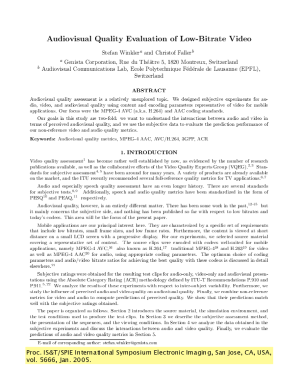 (PDF) Audiovisual quality evaluation of low-bitrate video