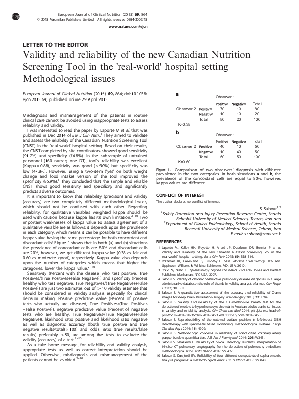 (PDF) Validity and reliability of the new Canadian Nutrition Screening Tool in the 'real-world ...