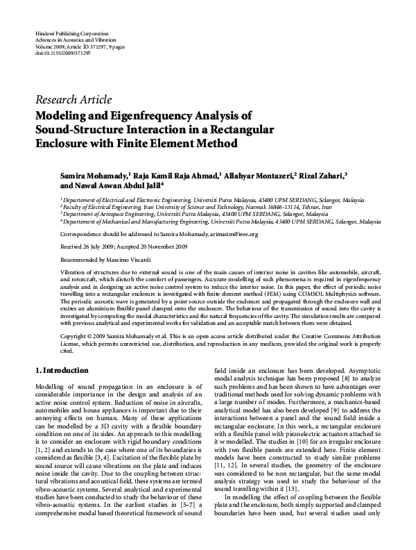 Pdf Modeling And Eigenfrequency Analysis Of Sound Structure Interaction In A Rectangular