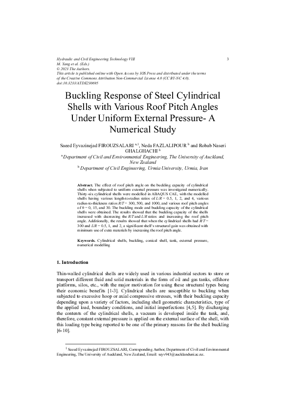 (PDF) Buckling Response of Steel Cylindrical Shells with Various Roof Pitch Angles Under Uniform ...