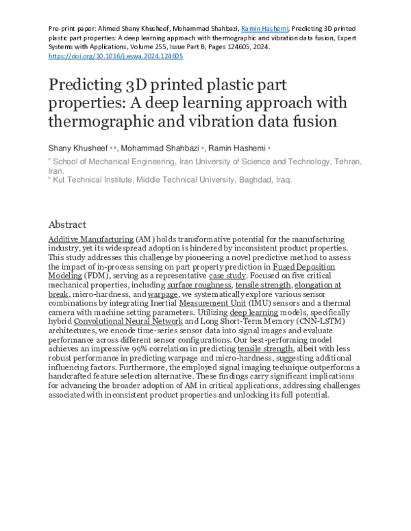 (PDF) Predicting 3D printed plastic part properties: A deep learning approach with thermographic ...