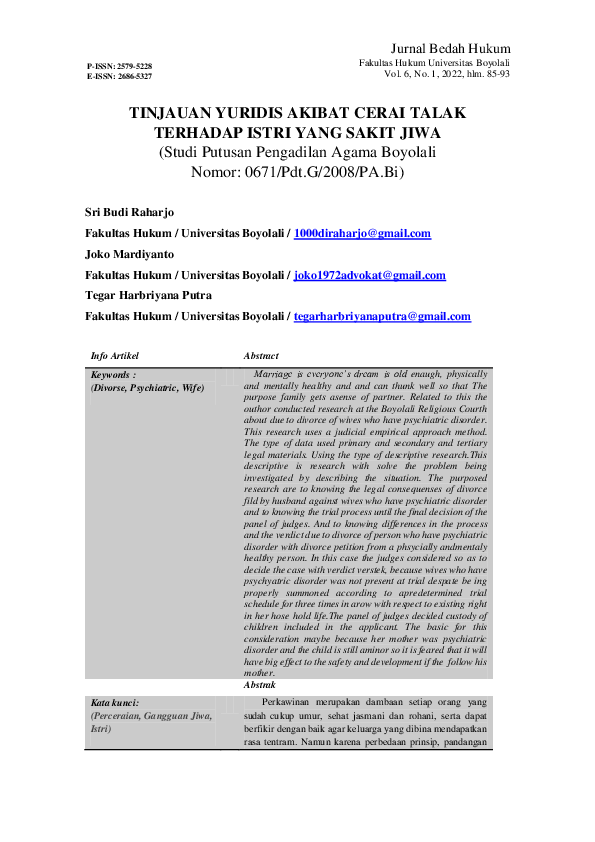 (PDF) Tinjauan Yuridis Akibat Cerai Talak Terhadap Istri Yang Sakit Jiwa