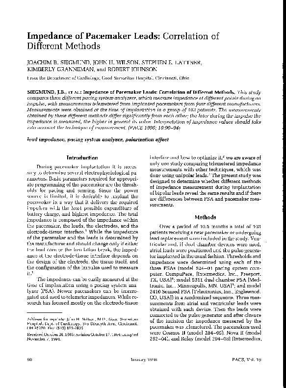 (PDF) Impedance of Pacemaker Leads: Correlation of Different Methods
