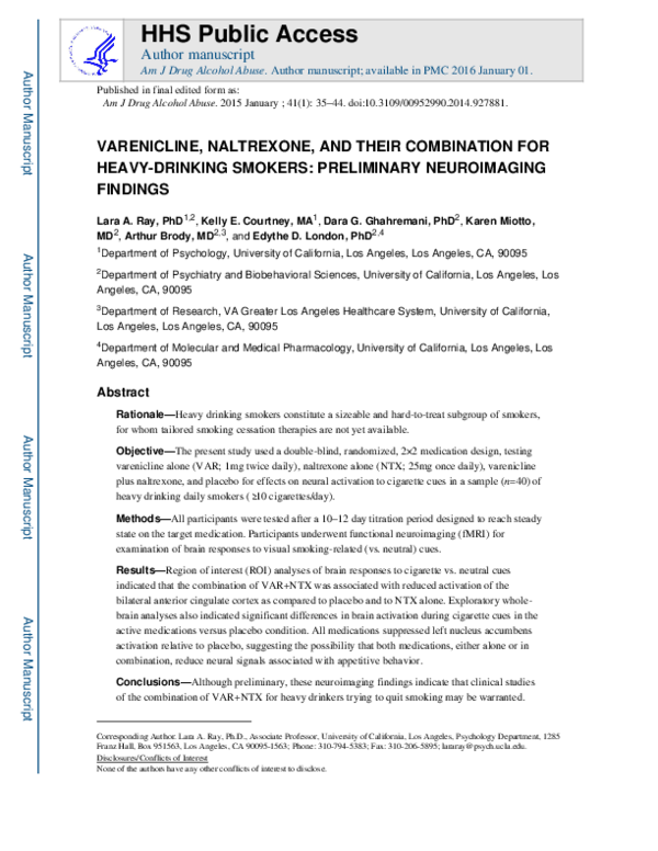 (PDF) Varenicline, naltrexone, and their combination for heavy-drinking ...