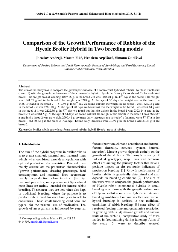 (PDF) Comparison of the Growth Performance of Rabbits of the Hycole ...