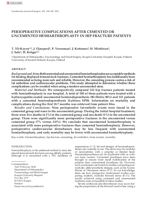 (PDF) Perioperative Complications after Cemented or Uncemented ...