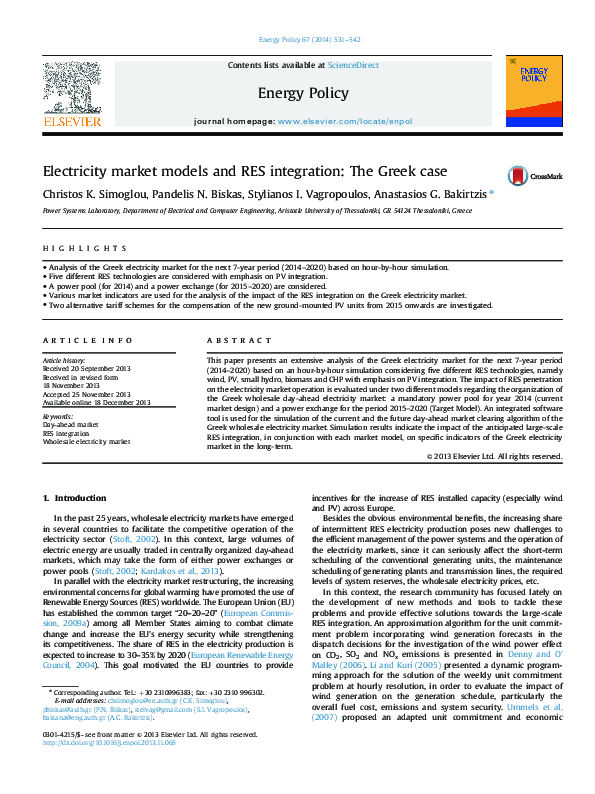 (PDF) Electricity market models and RES integration: The Greek case