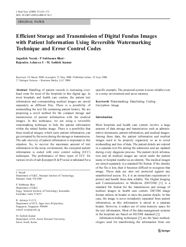 (PDF) Efficient Storage and Transmission of Digital Fundus Images with Patient Information Using ...
