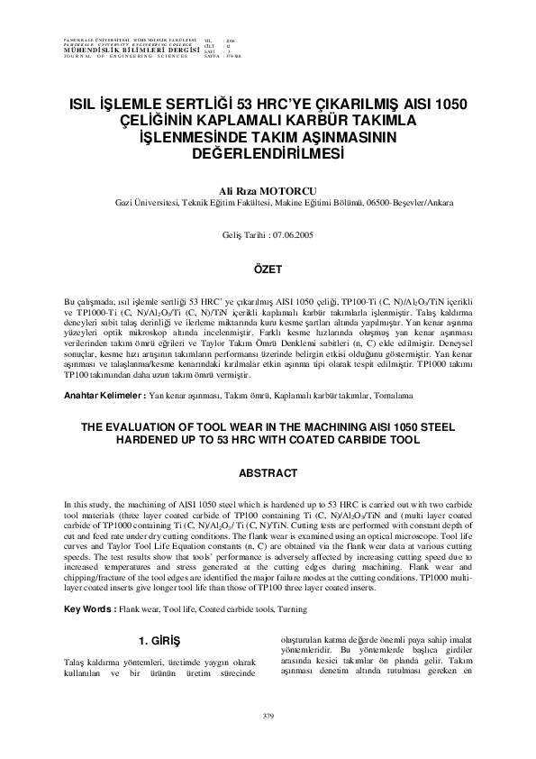 (PDF) The Evaluation of Tool Wear in the Machining Aisi 1050 Steel ...