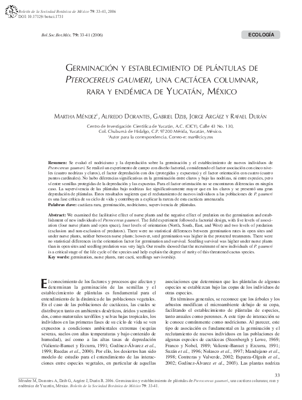 (PDF) Germinación y establecimiento de plántulas de Pterocereus gaumeri ...