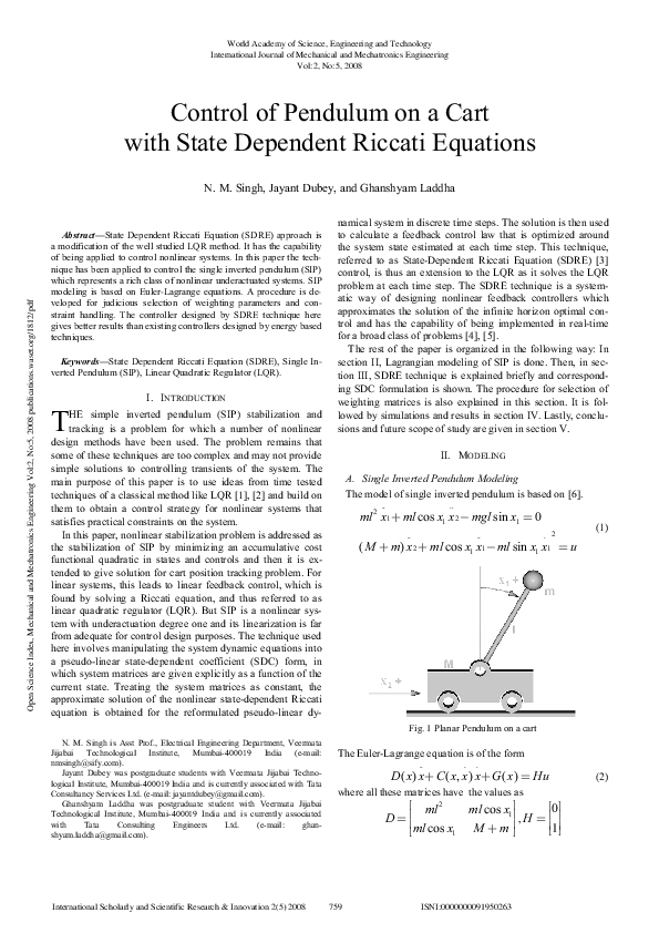 (PDF) Control Of Pendulum On A Cart With State Dependent Riccati Equations