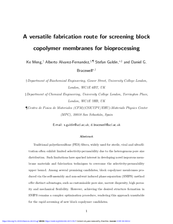(PDF) A versatile fabrication route for screening block copolymer membranes for bioprocessing