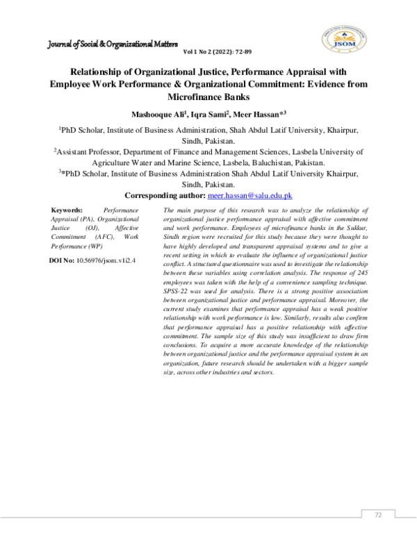 (PDF) Relationship of Organizational Justice, Performance Appraisal with Employee Work ...