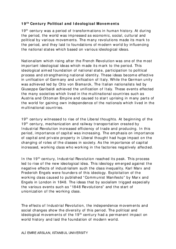 (PDF) 19th Century Political and Ideological Movements Short Summary
