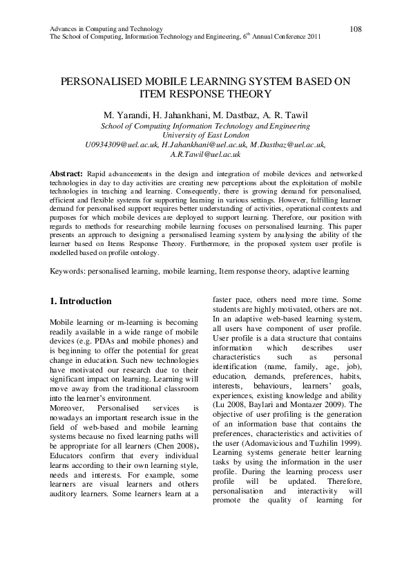 (PDF) Personalised Mobile Learning System Based on Item Response Theory | hamid Jahankhani ...