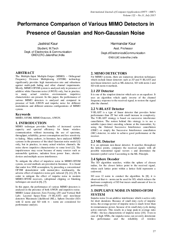 (PDF) Performance Comparison of Various MIMO Detectors in Presence of Gaussian and Non-Gaussian ...