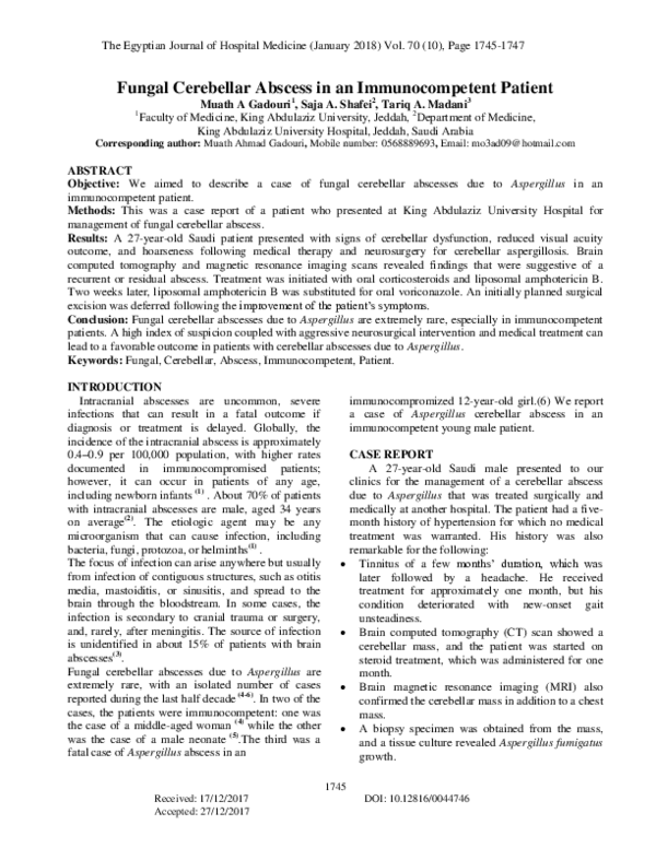 (PDF) Fungal Cerebellar Abscess in an Immunocompetent Patient