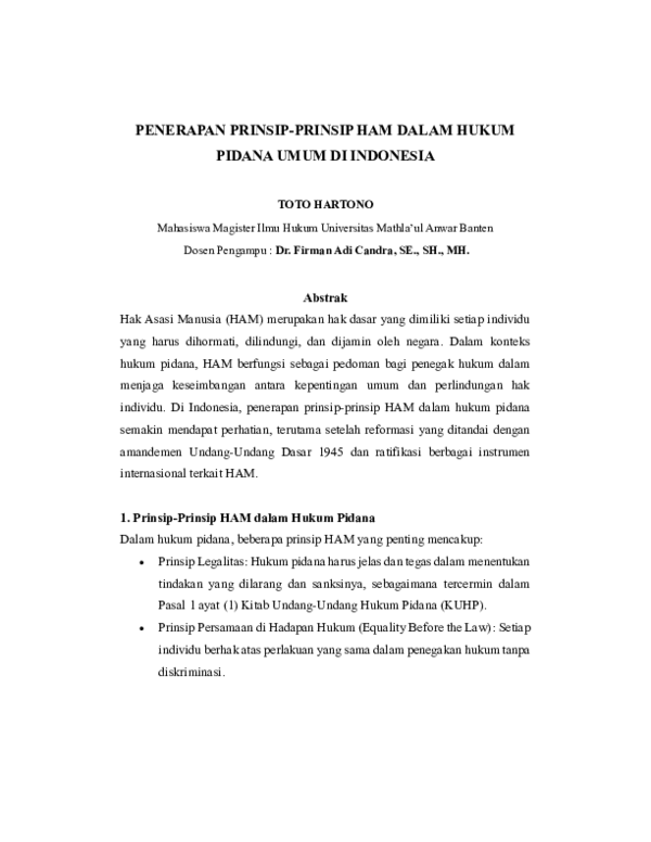 (PDF) PENERAPAN PRINSIP-PRINSIP HAM DALAM HUKUM PIDANA UMUM DI INDONESIA