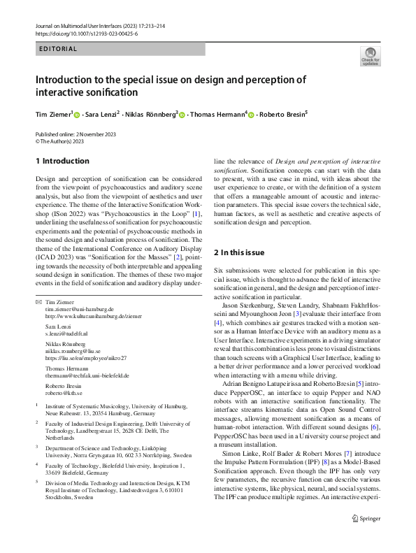 (PDF) Introduction to the special issue on design and perception of interactive sonification