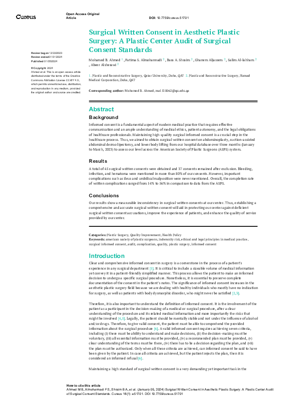 (PDF) Surgical Written Consent in Aesthetic Plastic Surgery: A Plastic ...