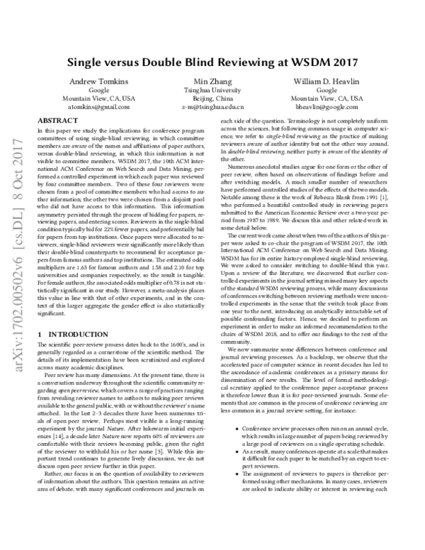 (PDF) Single versus Double Blind Reviewing at WSDM 2017