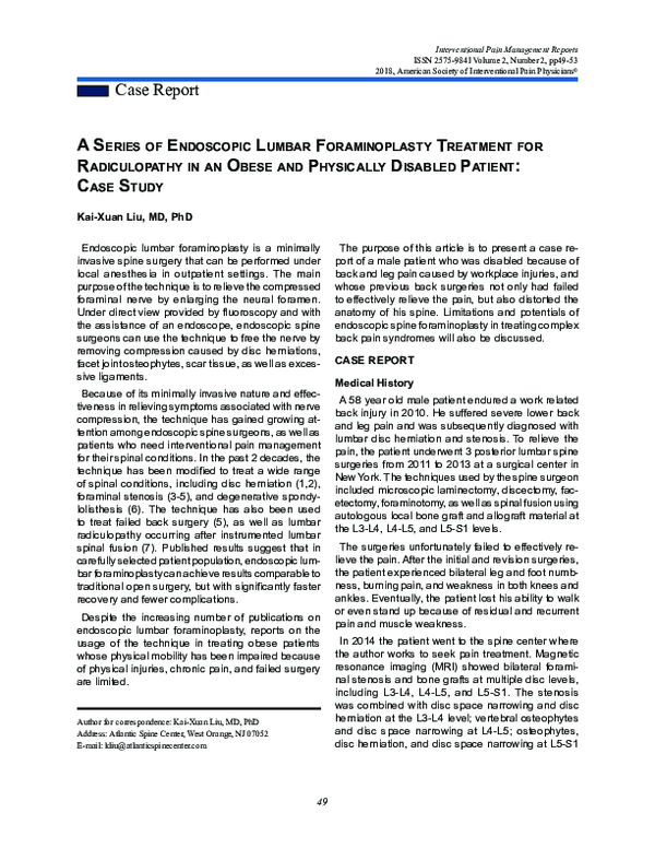 (PDF) A Series of Endoscopic Lumbar Foraminoplasty Treatment for ...