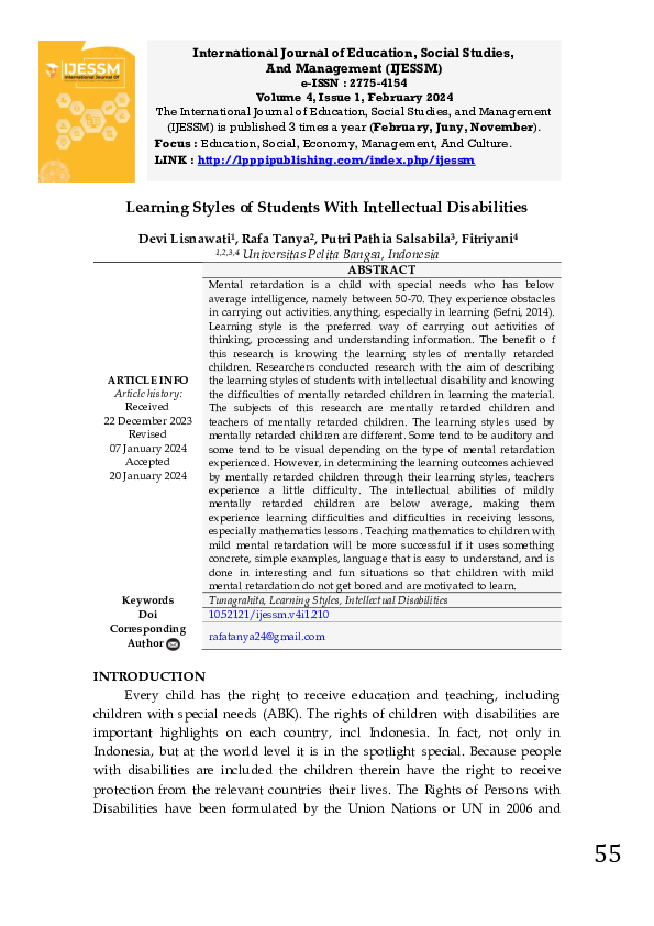 (PDF) Learning Styles of Students With Intellectual Disabilities