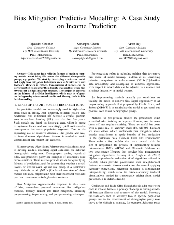 (PDF) Bias Mitigation Predictive Modelling: A Case Study on Income ...