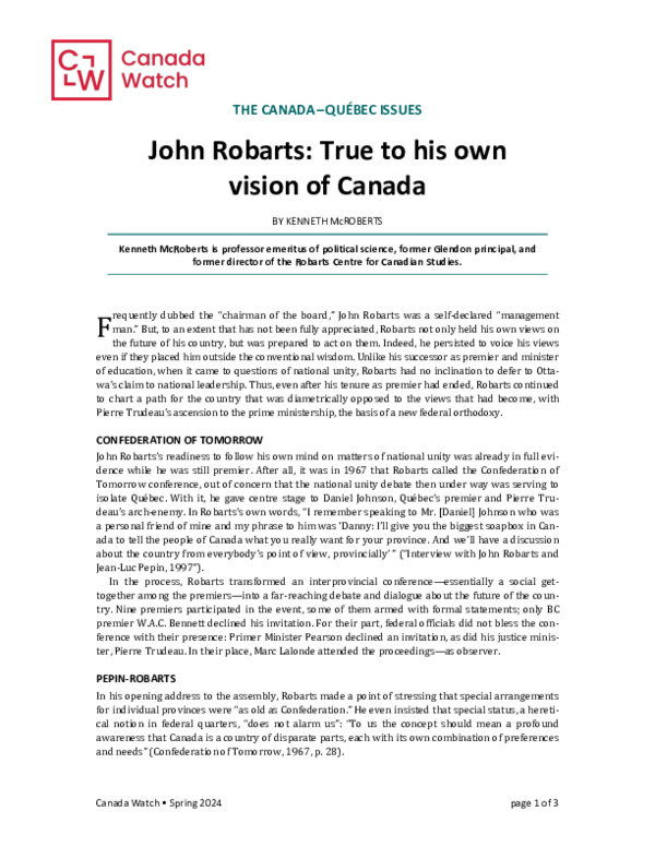 (PDF) John Robarts: True to his own vision of Canada | Kenneth ...