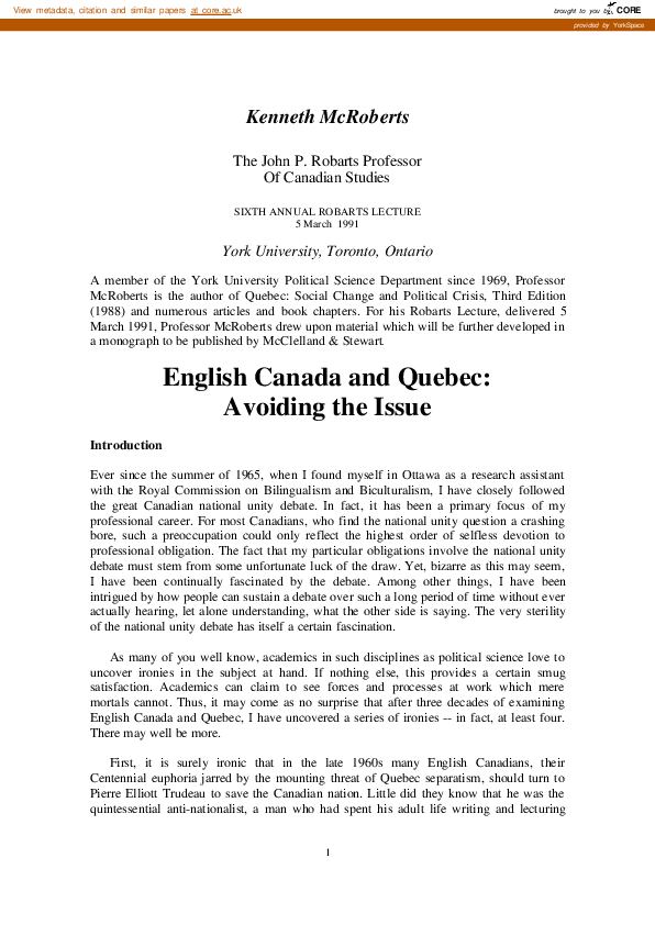 (PDF) English Canada and Quebec: Avoiding the issue