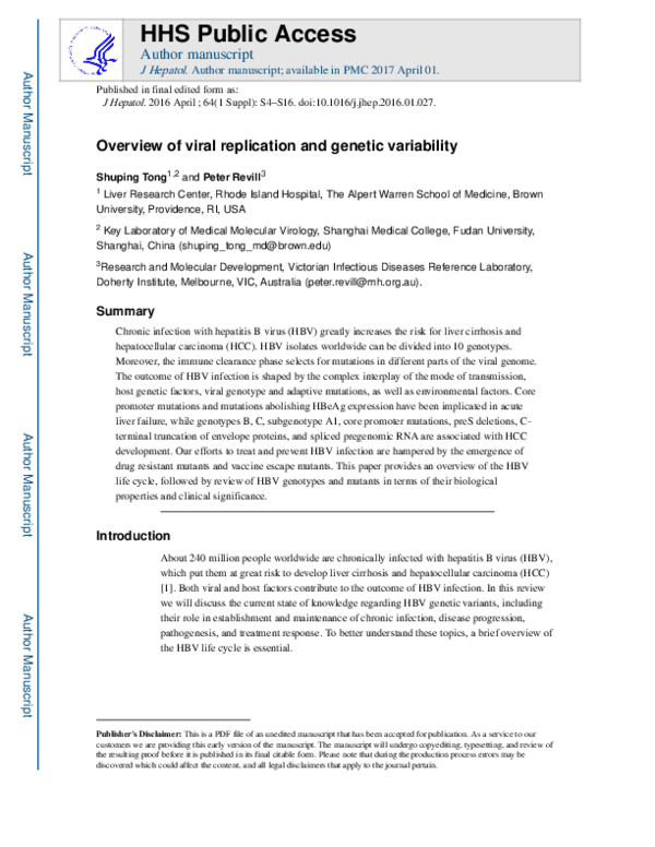 (PDF) Overview of hepatitis B viral replication and genetic variability ...