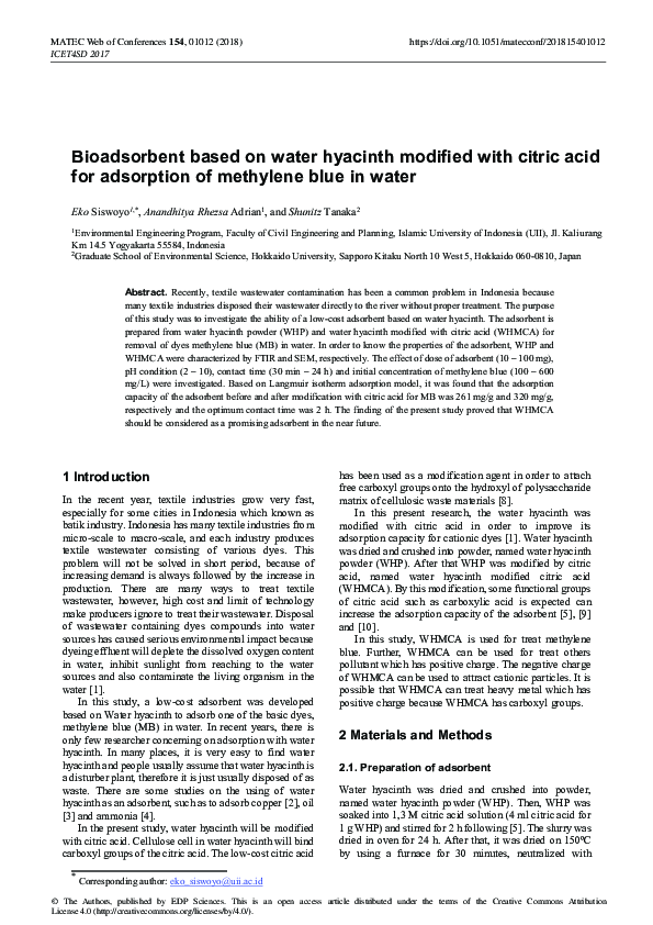(PDF) Bioadsorbent based on water hyacinth modified with citric acid ...