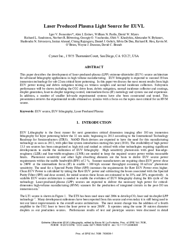 (PDF) Laser produced plasma light source for EUVL
