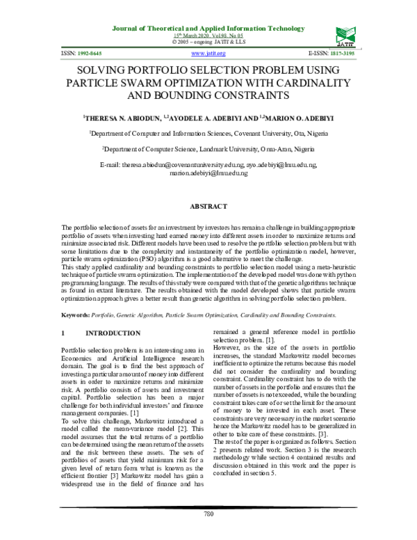 Solving Portfolio Selection Problem Using Particle Swarm Optimization with Cardinality and ...