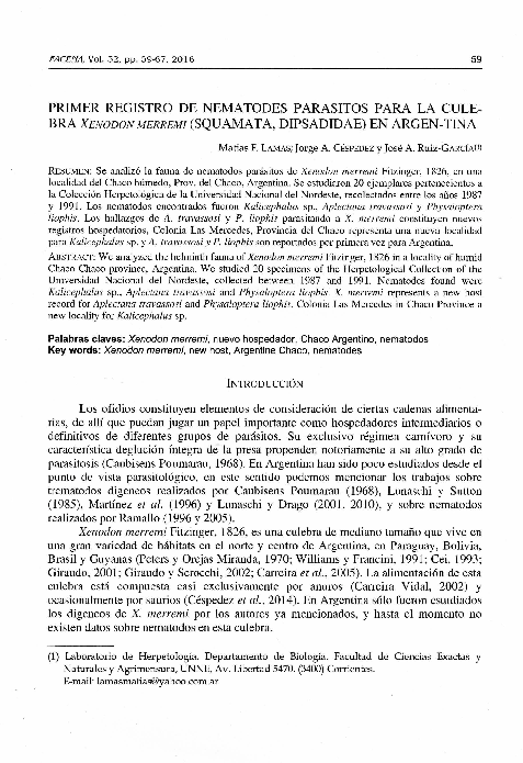 (PDF) Primer registro de nematodes parásitos para la culebra Xenodon ...