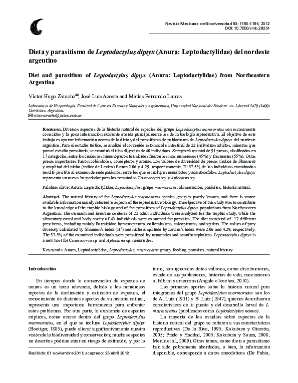 (PDF) Dieta y parasitismo de Leptodactylus diptyx (Anura ...