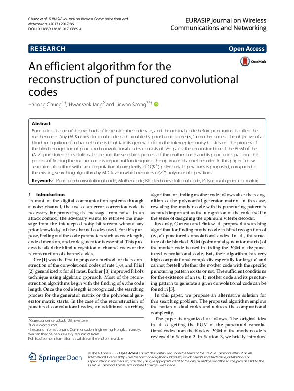 (PDF) An efficient algorithm for the reconstruction of punctured convolutional codes