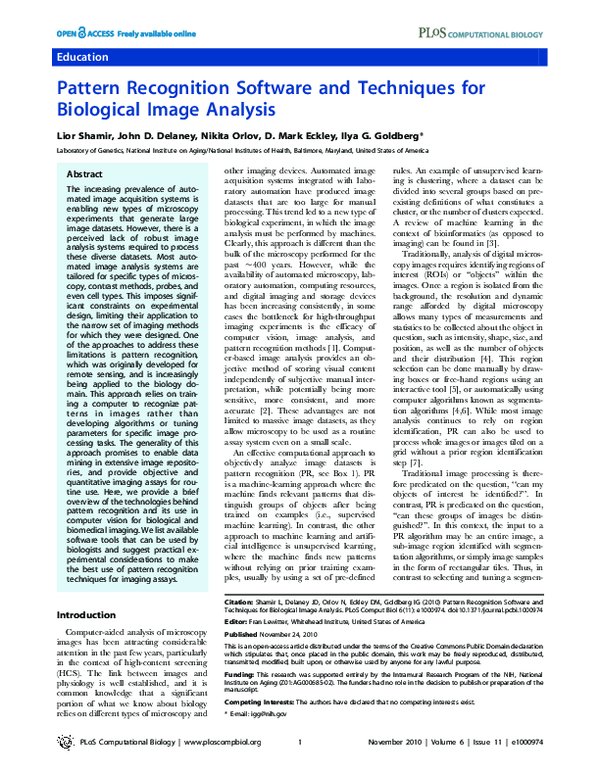 (PDF) Pattern Recognition Software and Techniques for Biological Image ...