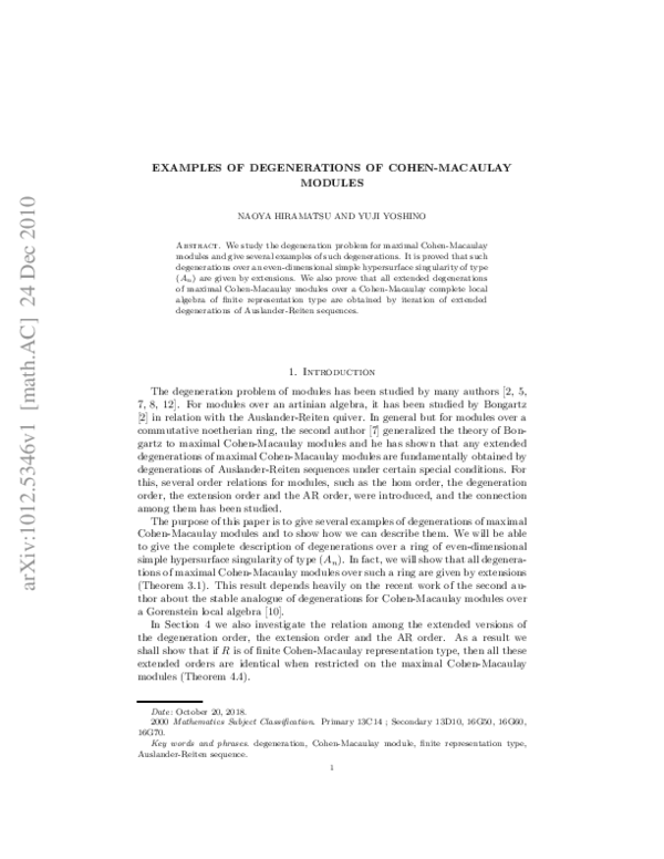 (PDF) Examples of degenerations of Cohen-Macaulay modules