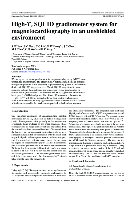 (PDF) High-TcSQUID gradiometer system for magnetocardiography in an ...